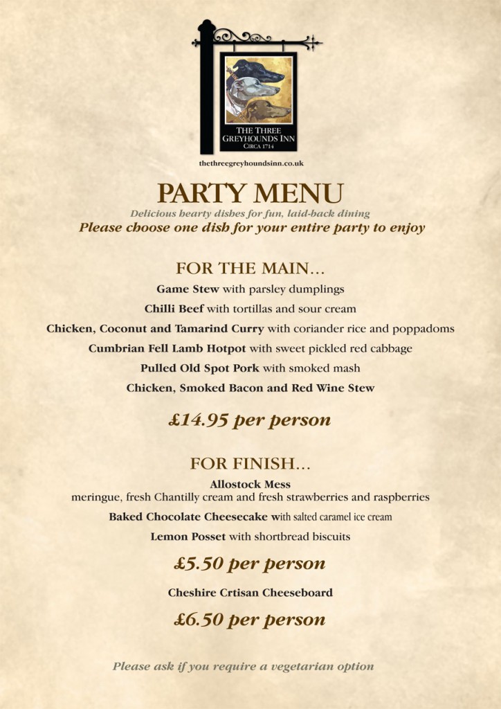 Party Menu | The Three Greyhounds Pub, Cheshire