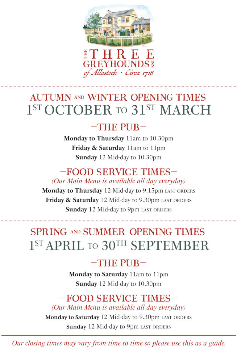 Opening Times | The Three Greyhounds Pub, Cheshire